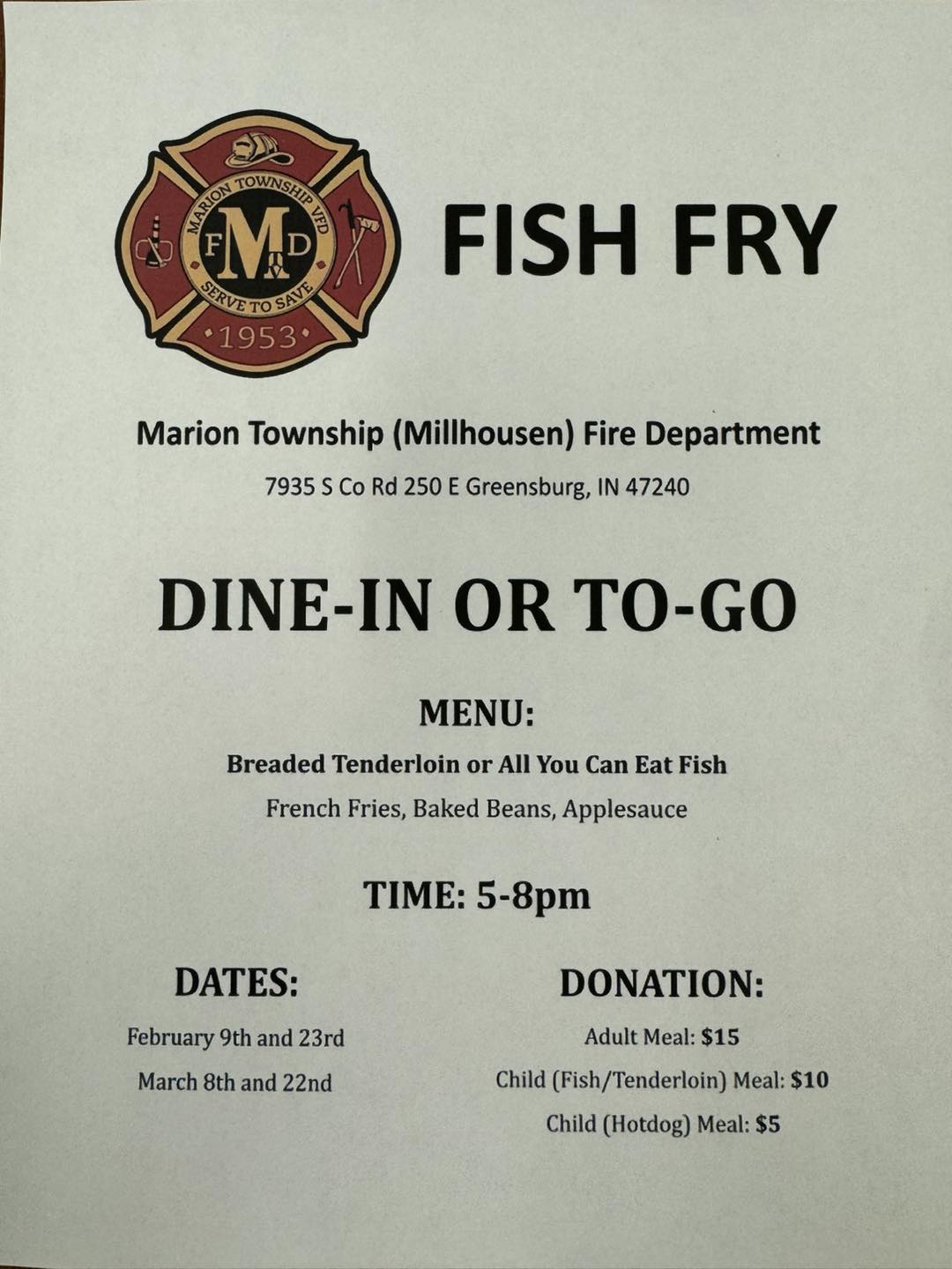 Fire Dept. Fish Fry - Millhousen, Indiana